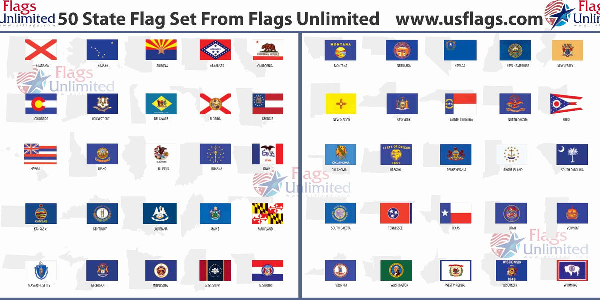 50 State Flag Set Assorted Sizes with All U.S. States from Flags Unlimited